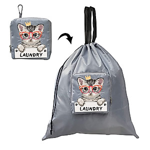 Cute Cat Travel Laundry Bags - Canvas Dirty Clothes Bag with Handle and Carabiner - Expandable to 24''l x 21''w - Great for Traveling - Cat Gifts for Women - Travel Laundry Bags for Dirty Clothes