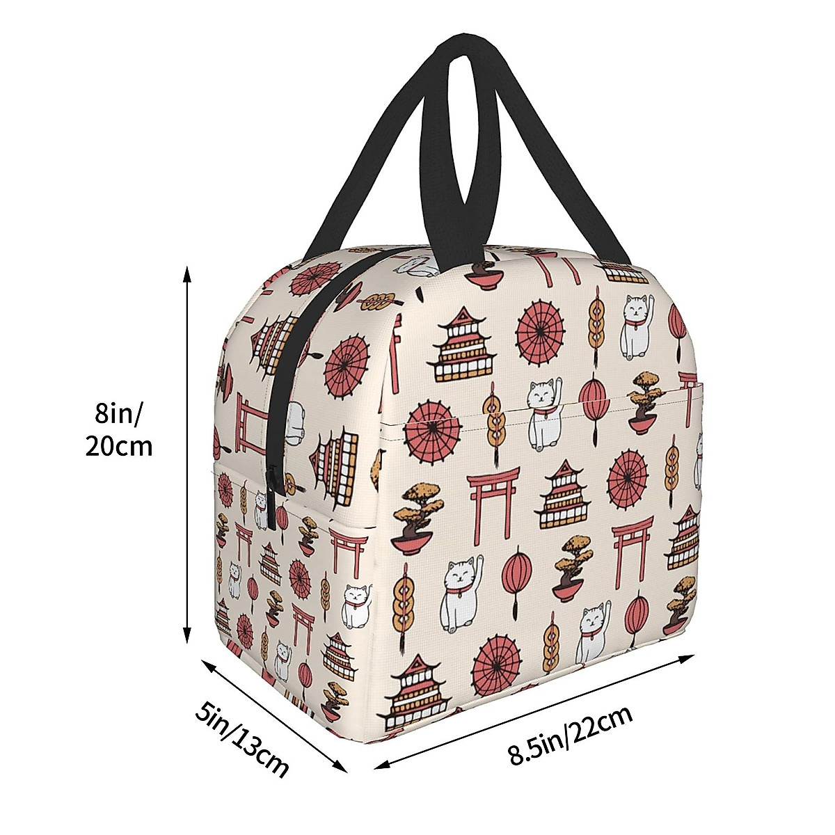 Insulated Lunch Bag Reusable Lunch Box, Cooler Lunch Tote Bag With Front Pocket for Girls Boys Women Men Picnic Office Work, Asian Cats Print