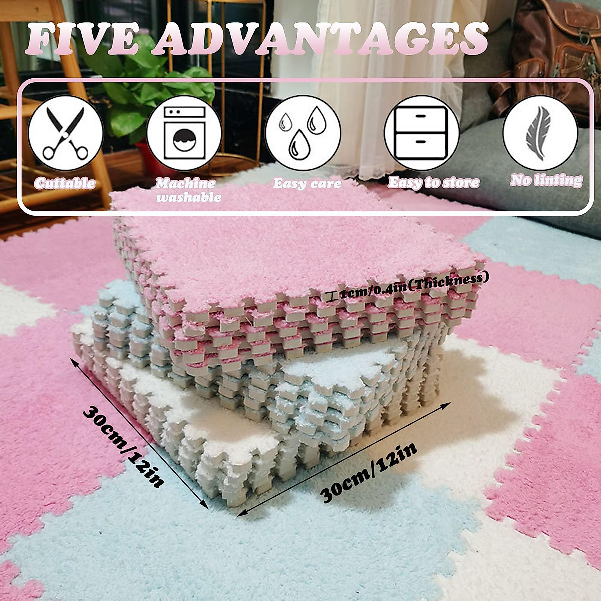 20 Pcs 20 Square Feet Foam Interlocking Plush Carpet Tiles with Border,12x12in Square Play Fluffy Floor Mat Anti-Slip Soft Floor Protection Area Rugs(Color:Yellow)