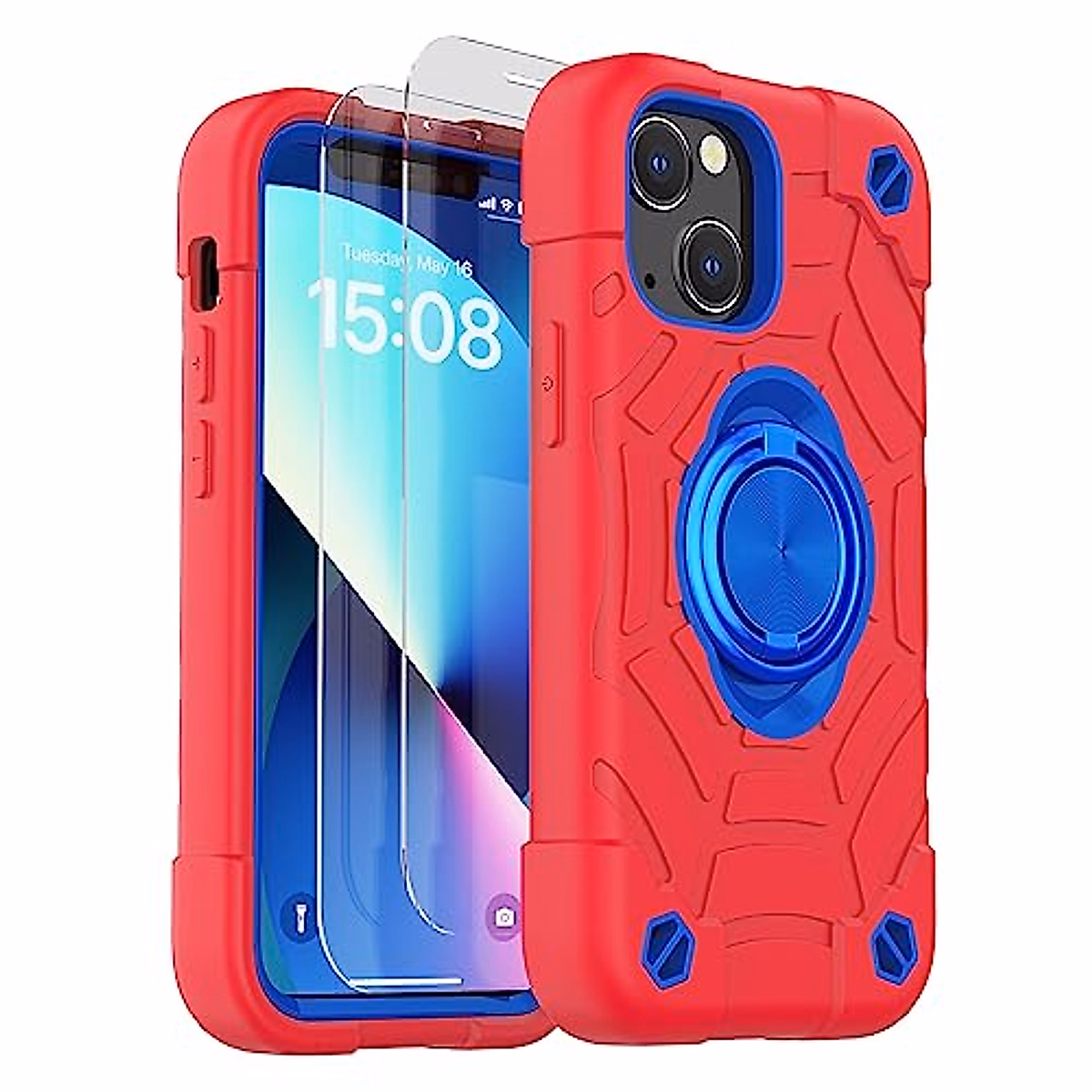 KCJ for iPhone 13 Mini case/iPhone 12 Mini case 5.4 Inch with Ring Holder, with 2 Pack Screen Protector + 1 Pack Camera Lens Protector,Heavy-Duty Military Grade Protector Cover. (Red+Blue)