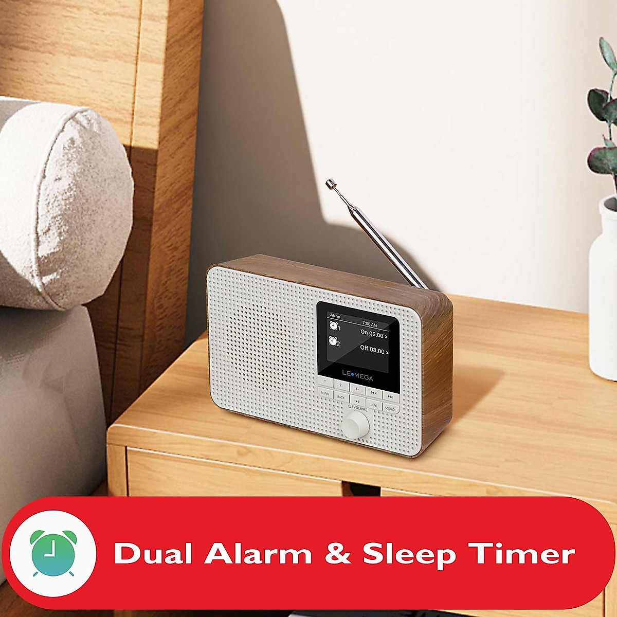 LEMEGA IR1 Portable WiFi Internet Radio,FM Digital Radio,Bluetooth Speaker,Dual Alarms Clock,Sleep Snooze Timer,40 Presets, Headphone-Output,Colour Display,Batteries or Mains Powered – Walnut Finish