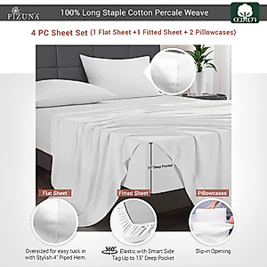 Pizuna Cotton Sheets Queen Size, 100% Long Staple Cotton Percale Sheets Queen with 15inch Deep Pocket (Combed White Cotton Sheets Queen)