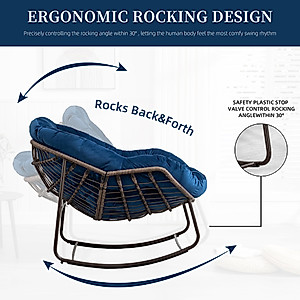 QQU Patio Rocking Chairs Set of 2，Indoor & Outdoor Wicker Rocker Chairs with Padded Cushion, All-Weather Rattan Chair with Steel Frame, Modern Lounge Egg Chair, Front Porch, Backyard,A-Navy