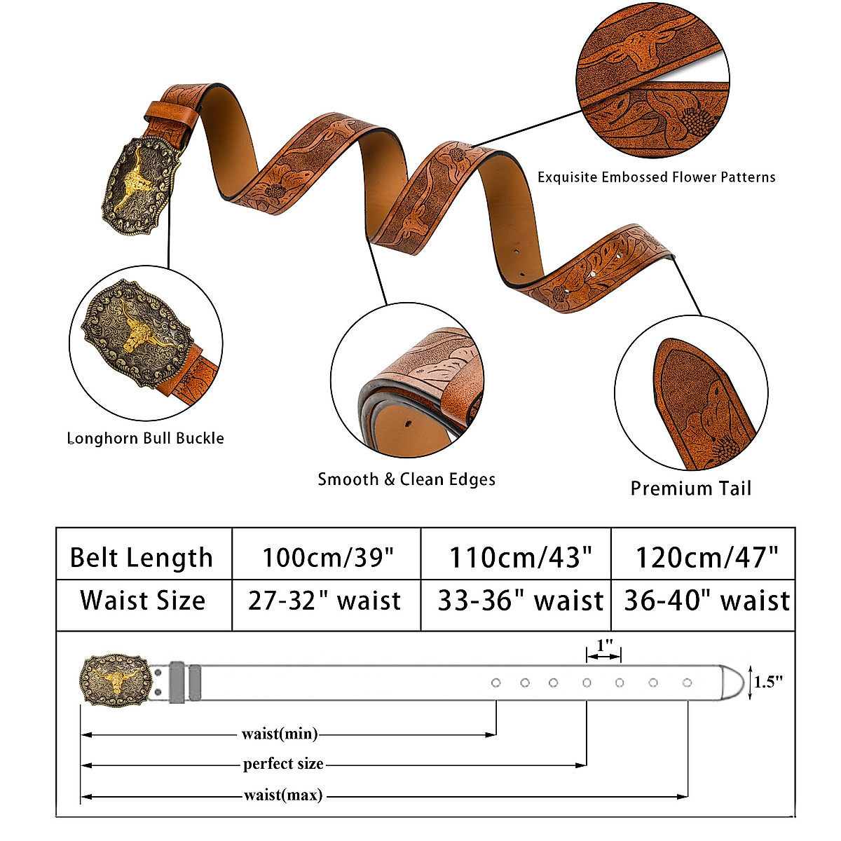 UTOWO Western PU-Leather Cowboy Cowgirl Buckle Belt for Men Women Jeans - Engraved Floral Golden Longhorn Bull Texas Buckle Belt