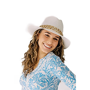 SOLEORO Chic Wide Brim Panama Fedora Straw Sun Hat with Gold Chain for Women Pool Beach Vacation Bachelorette