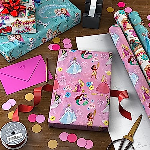 Hallmark Disney Princess and Frozen Wrapping Paper with Cutlines on Reverse (3 Rolls: 60 Square Feet Total) for Birthdays, Christmas, Valentine's Day