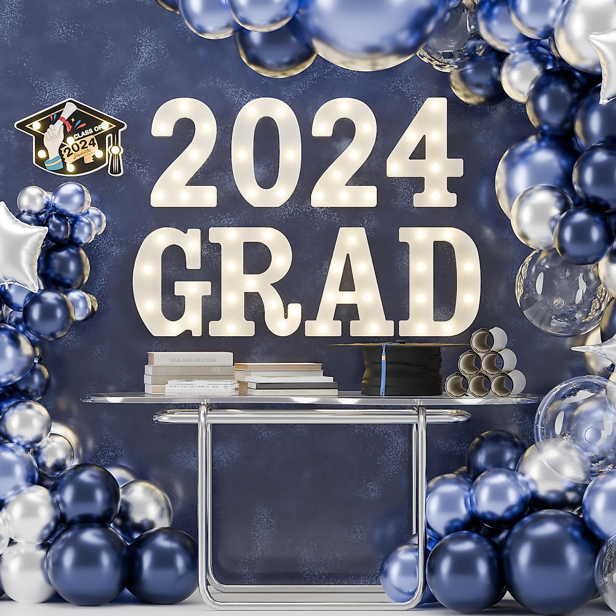 Graduation Party Decorations 2024-8 LED Long Marquee Light Up Letters 'Grad 2024' and 1 'Doctorial hat' - Graduation Party Decor for Kindergarten Preschool High School College Graduation