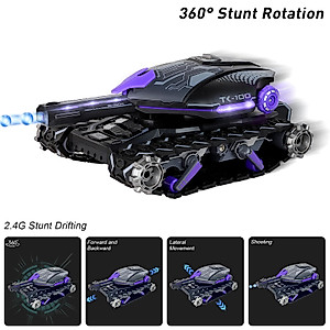 Bindove RC Stunt Tank with Light, Watch Gesture Sensor RC Tank Toy, 360 Rotation Remote Control Stunt Car Shooting Water Bullets, Gifts for Children (Tracked Black Purple)