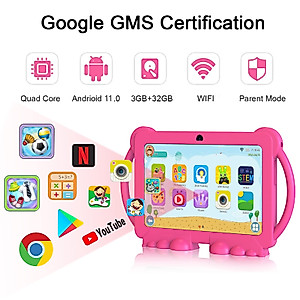 NORTH BISON Kids Tablet, 7 inch Android 11.0 Tablet for Kids, 3GB 32GB Toddler Tablet with Bluetooth-Pink