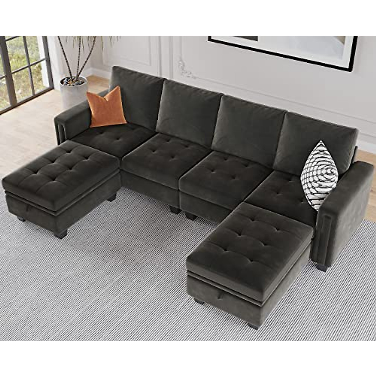 Belffin Velvet U Shaped Sectional Sofa Couch with Storage Ottoman Convertibel Sectional Sofa with Reversible Chaises Grey