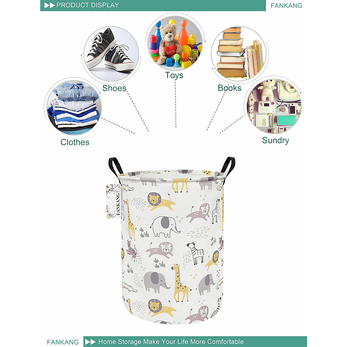 FANKANG Storage Basket, Nursery Hamper Canvas Laundry Basket Foldable with Waterproof PE Coating Large Storage Baskets for Kids Boys and Girls, Office, Bedroom, Clothes,Toys(Lovely Animals)