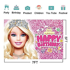 Barbie Backdrops for Girl Birthday Party Decorations Supplies, Barbie Theme Birthday Photo Background for Cake Table Decorations, Happy Birthday Barbie Banner, Polyester 7x5ft, Birthday Pink Barbie