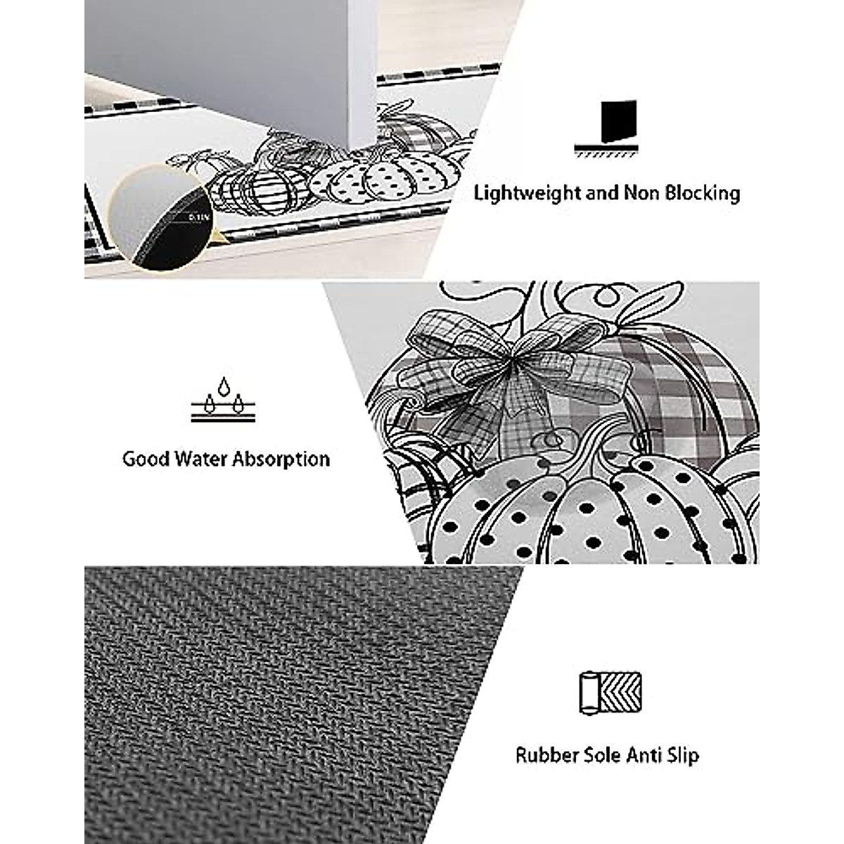 Black and White Bath Mat for Tub,Non Slip Bathroom Floor Runner Rug Quick Dry & Absorbent Diatomaceous Earth Kitchen Room Shower Sink Washable Doormat,Thanksgiving Pumpkin Boho Polka Dot Plaid 18"x30"