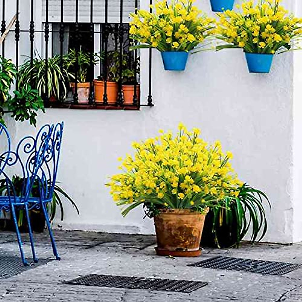 Lesix 8Pcs Artificial Flowers Outdoor UV Resistant Plants, Faux Plastic Greenery Shrubs Plants Indoor Outside Hanging Planter Kitchen Home Wedding Office Garden Decor Yellow