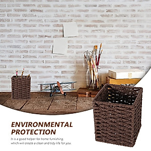 Cabilock Yellow Wicker Pencil Holder Pen Holder Rattan Makeup Brush Holder Makeup Holder Pencil Cup Desk Cup Holder Cutlery Utensil Caddy Silverware Holder