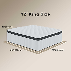Tegeniss King Mattress, 12 Inch Innerspring Hybrid Mattress in a Box with Gel Memory Foam, Individually Wrapped Encased Coil Pocket Spring Mattress, Pressure Relief, Medium Firm Support,76"*80"*12"