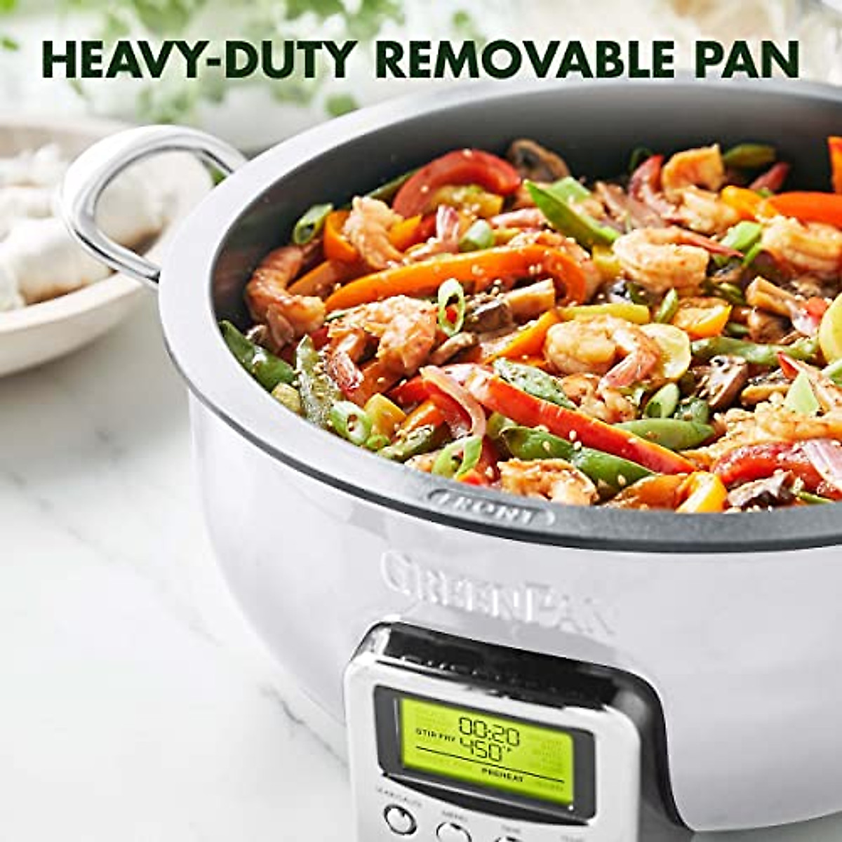 GreenPan Elite Essential Smart Electric 6QT Skillet Pot,Sear Saute Stir-Fry and Cook Rice, Healthy Ceramic Nonstick and Dishwasher Safe Parts, Easy-to-use LED Display, PFAS-Free, Cream White