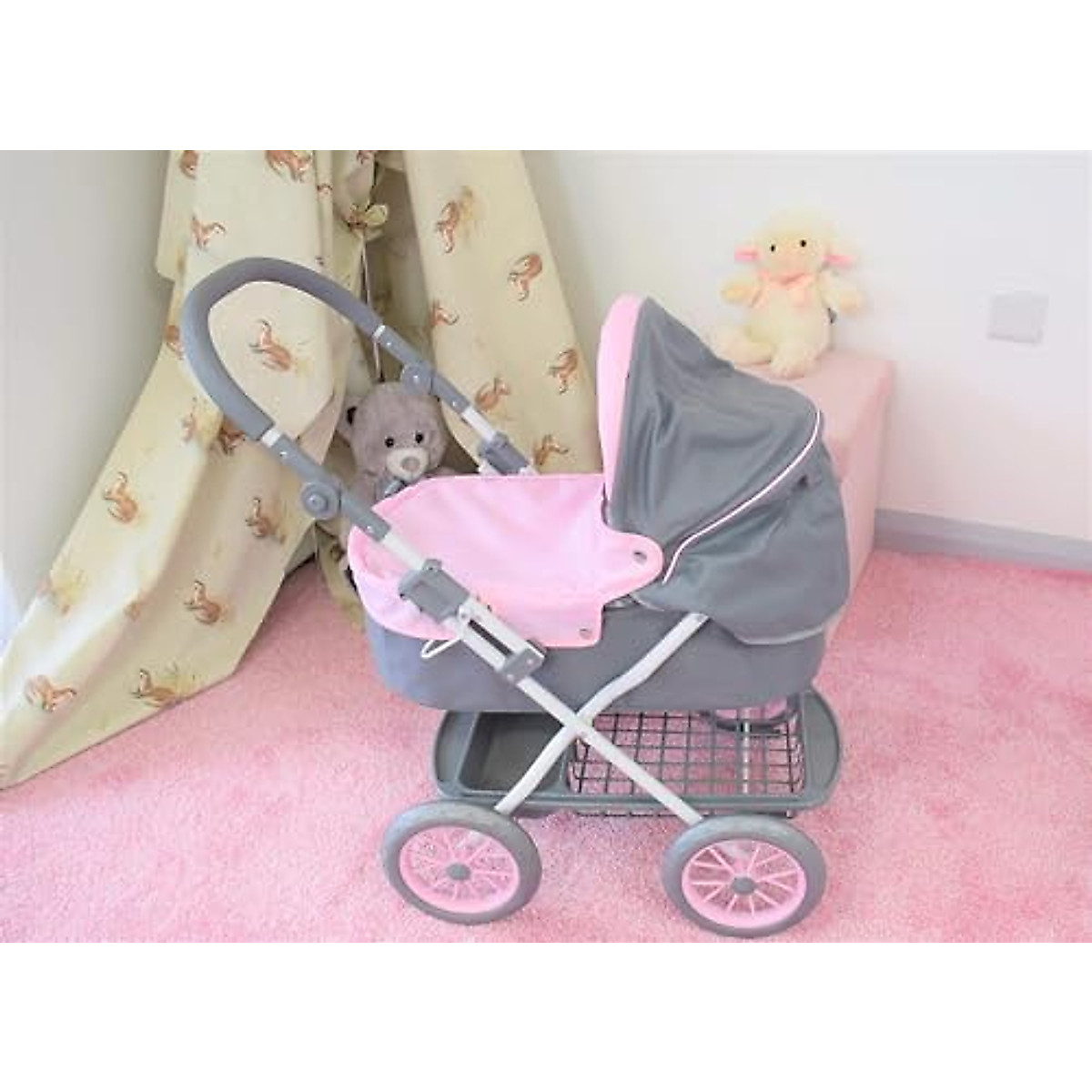 KOOKAMUNGA KIDS Baby Doll Stroller - Foldable Baby Stroller for Dolls - Play Stroller & Bassinet w/Retractable Canopy - Diaper Bag - Adjustable Soft Grip Handle - Ideal for 16” 18” & 20” Dolls
