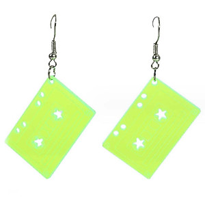 CutieJewelry Cassette Tape Dangle Cute Pretty Earrings 2 PAIRS (Lilac and Neon Yellow)