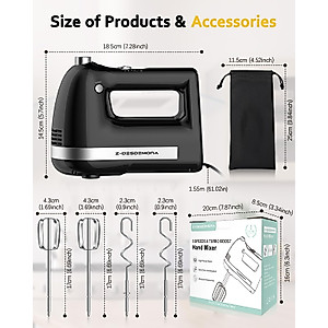 Z-DESDEMONA Electric Hand Mixer, Powerful 300W Hand Mixer Electric Handheld with 304 Beaters, Dough Hook,Hand Held Mixer with Turbo for Baking Cakes, Eggs, Cream Food(Black)