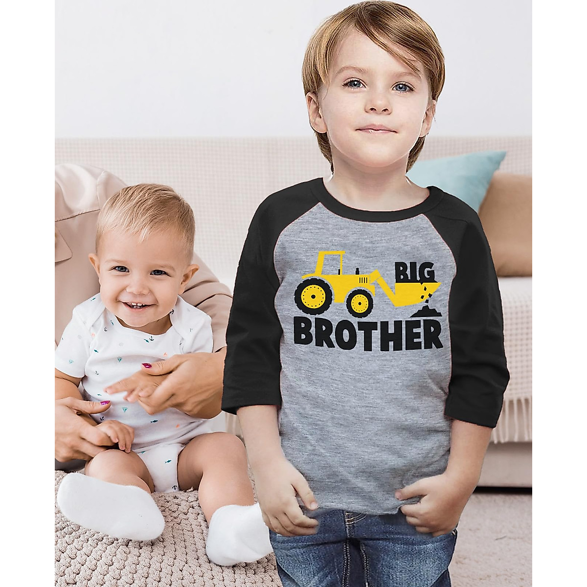 Tractor Construction Big Brother Shirt Sibling Boys Toddler Kids 3/4 Sleeve Baseball Jersey T-Shirt 3T Dark Gray