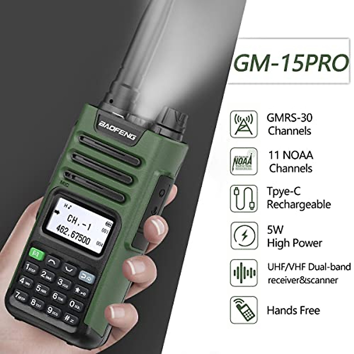 BAOFENG GM-15 Pro GMRS Radio(Upgrade of UV-5R) Handheld Radio,NOAA Weather Receiver & Scan Radio,GMRS Repeater Capable, Rechargeable Long Range Two Way Radio with USB-C Charger