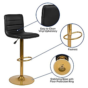 Flash Furniture Vincent Modern Black Vinyl Adjustable Bar Stool with Back, Counter Height Swivel Stool with Gold Pedestal Base, Set of 2