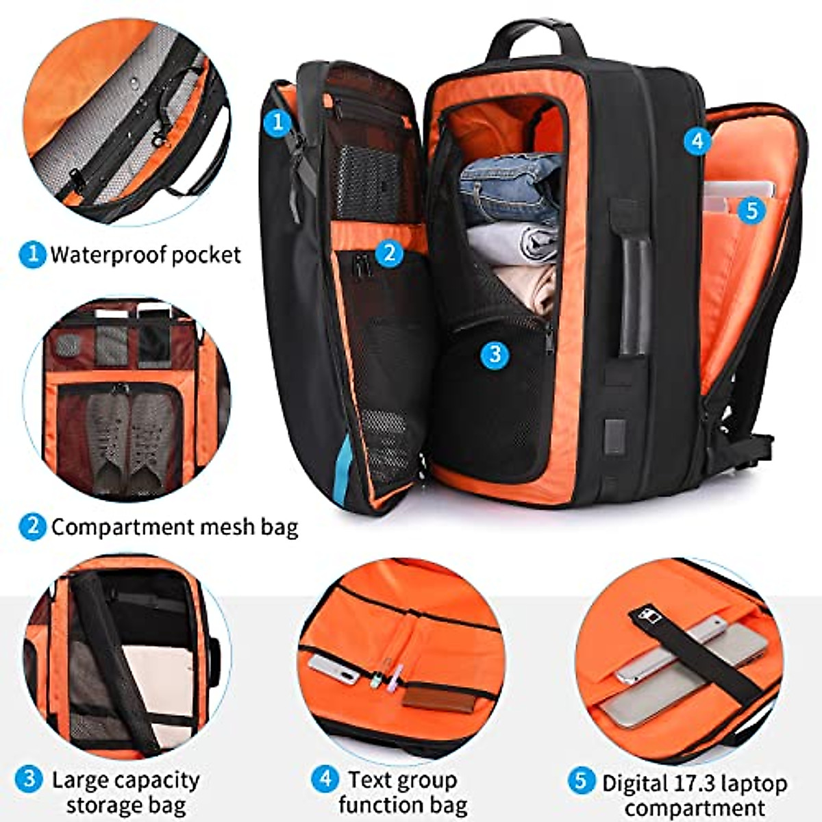 TANGCORLE Travel Carry on Backpack, Extra Large Expandable 45L Backpack for Flight approved, 17.3" Laptop with USB Charging Port Backpacks, Water Resistant Computer Business Backpack for Men & Women