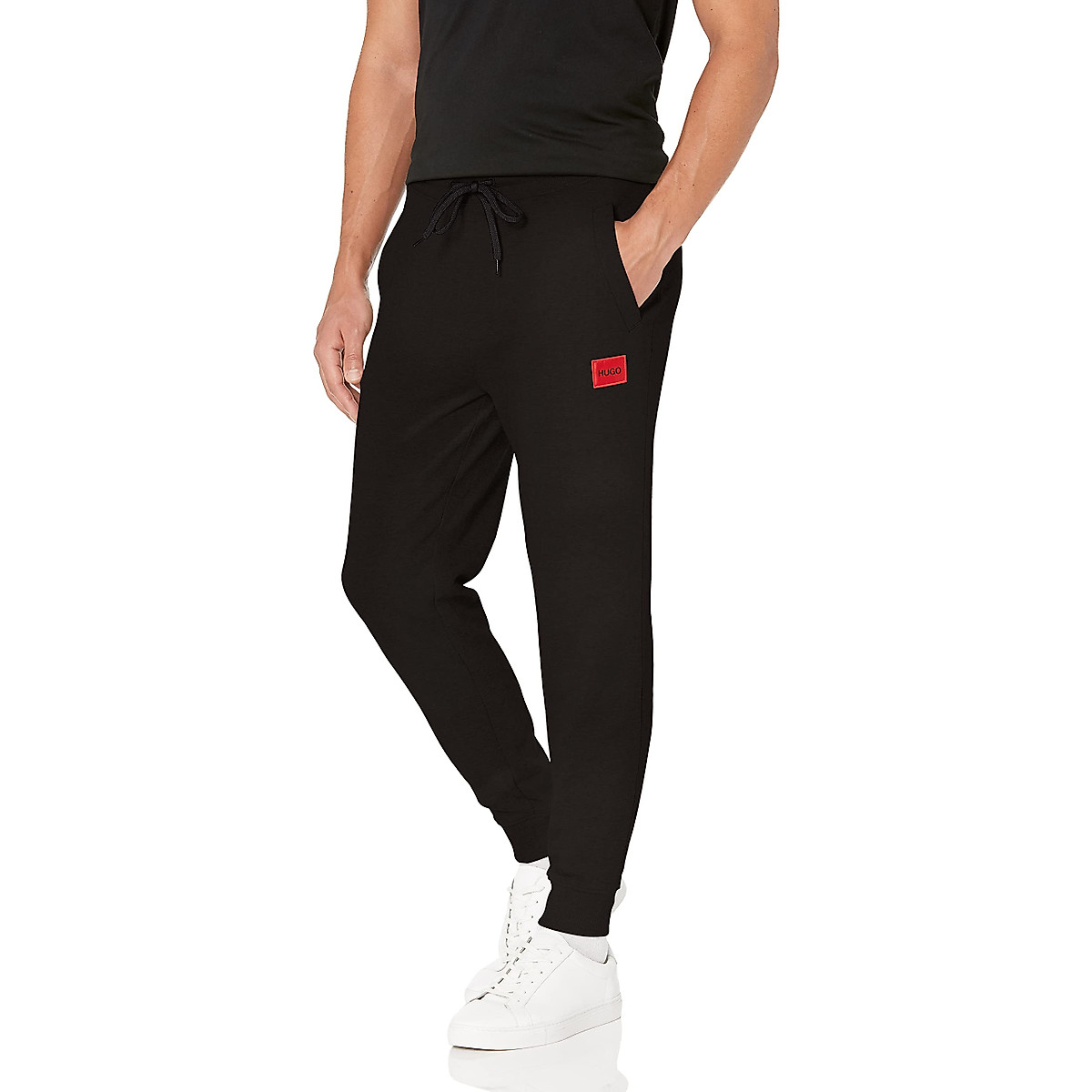 HUGO Boss Mens Regular Fit Square Logo Jersey Drawstring Joggers Sweatpants, Raven Black, X-Large US