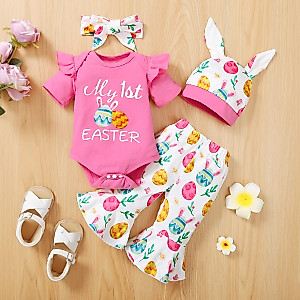 MoryGooder Baby Girl My 1st Easter Outfit Newborn Easter Bell Bottom Outfit (Pink,0-3 Months)