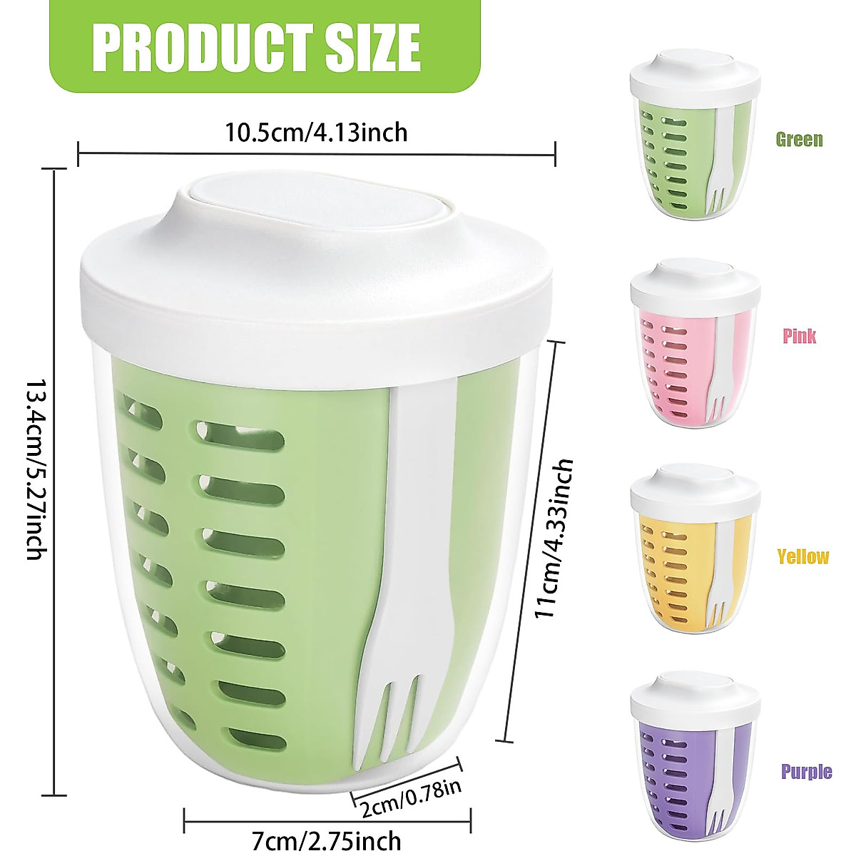 MdakeGo 20oz Fruit Salad Storage Cup with Lids and Fork, Reusable Plastic Fruit Storage Containers for fridge with Drain Baskets, BPA-Free & Leak-Proof, Keep Fruits, Vegetables Fresh Longer (Green)