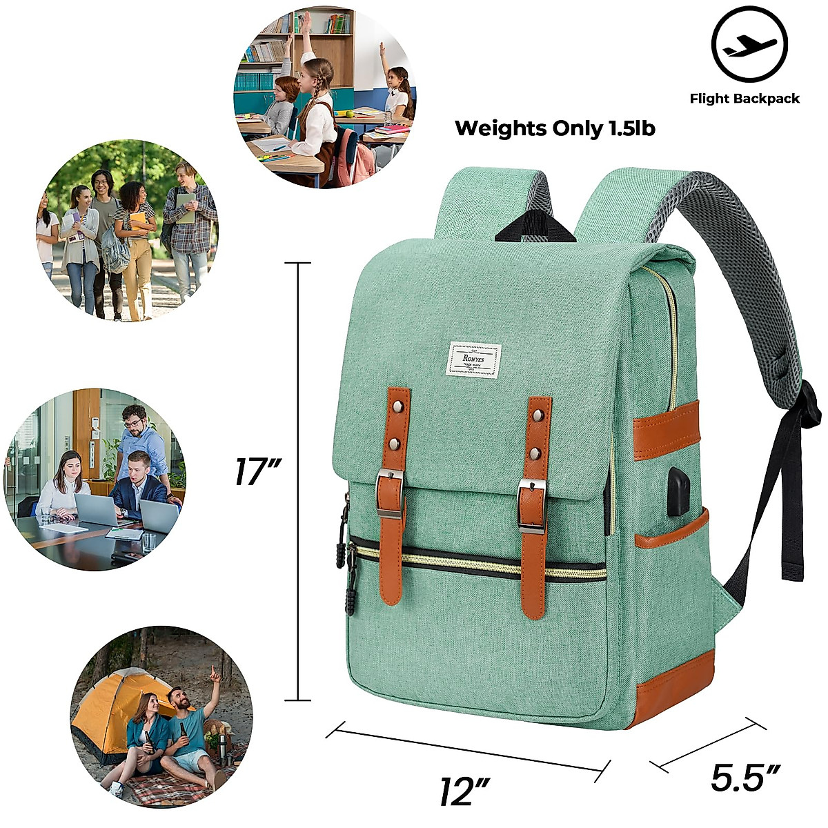 Ronyes Vintage Laptop Backpack for Women Men,15.6 inch Bookbag Casual Daypack with USB Charging Port for College Work, Green Backpacks