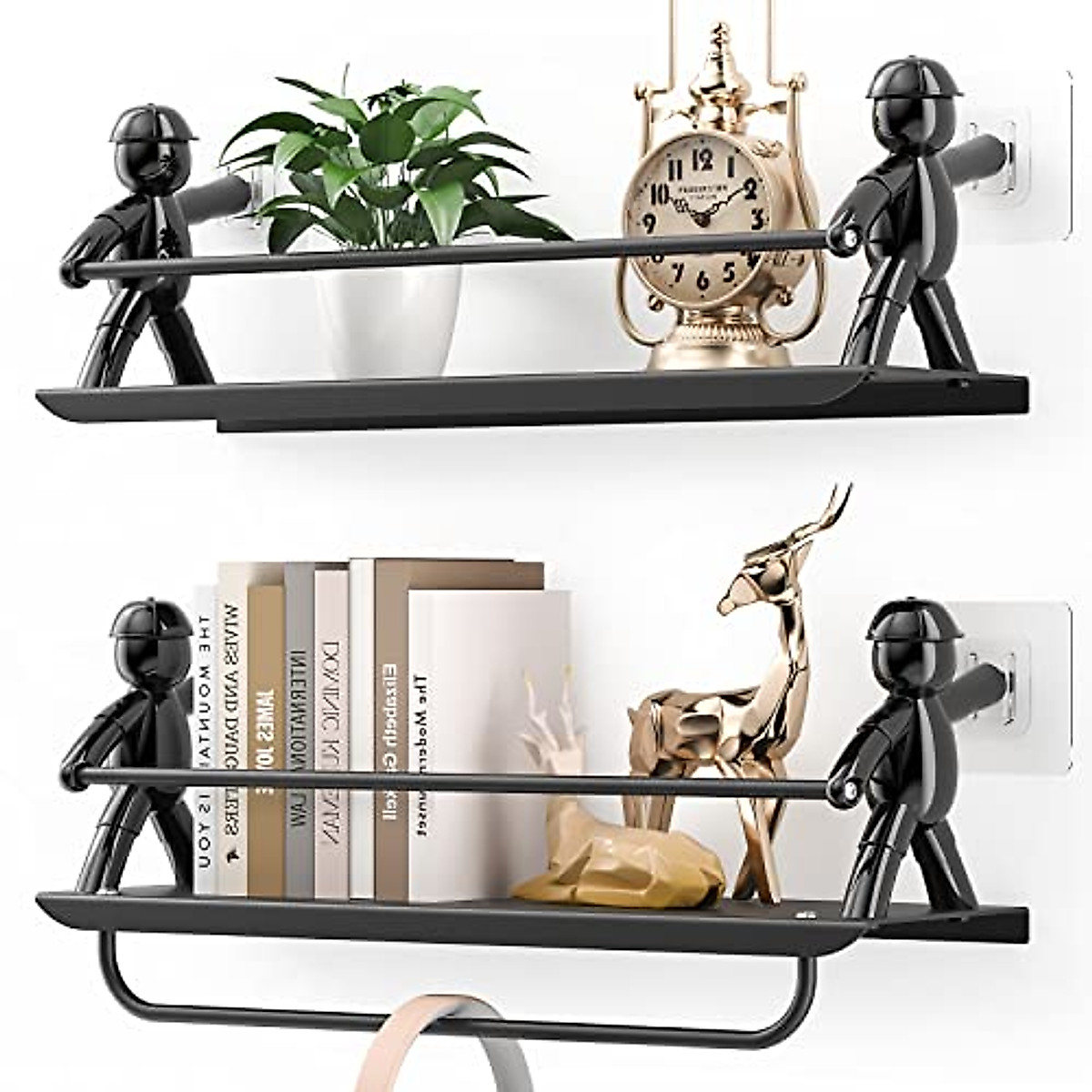 DUSASA Floating Wall Shelves for Bedroom/Bathroom, 2 Pack Metal Hanging Shelf for Living Room/Kitchen/Laundry Room, Wall Mounted Shelves with Towel Rack, Rustic Black Shelves for Wall Décor & Storage