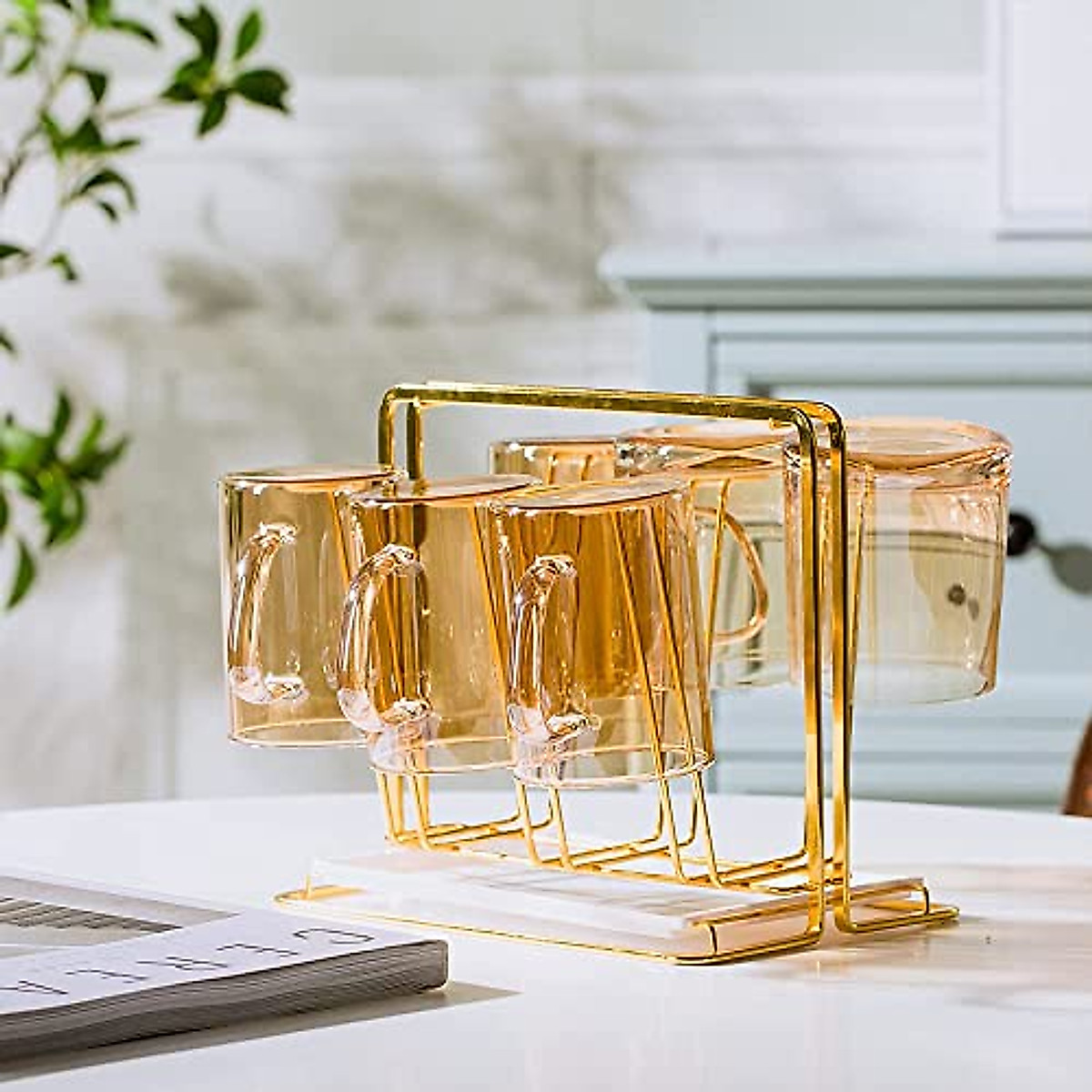 YISMAN Metal Cup Drying Rack with 6 Hooks, Bottle Drying Rack with Drain Tray,Coffee Mug Holder,Mug Organizer Golden