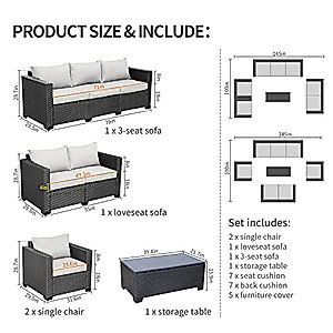 Rattaner 5-Piece Patio Furniture Sofa Set Outdoor Wicker Sectional Couch with Storage Table No-Slip Cushions Furniture Covers, Grey