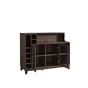 Home Source 36.6" Modern Home Bar Ensemble: Coffee Bar Shelves, Sideboard Cabinet, and Bar Console Cabinet with Glass Hanging Space Rack (Mahogany)