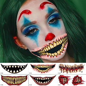 KSTBJN Halloween Temporary Tattoos, Horror Mouth Halloween Temporary Stickers 10 Sheets Prank Makeup Face Decals Halloween Clown Bloody Mouth Fake Tattoos Prank Props for Halloween Party Decorations