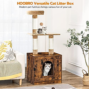 HOOBRO Litter Box Enclosure with Cat Tree Tower, Hidden Cat Washroom with Scratching Post and Soft Plush Perch, Wooden Cat Furniture, Indoor Pet Cabinet with Multiple Platforms, Rustic Brown BF12MW03