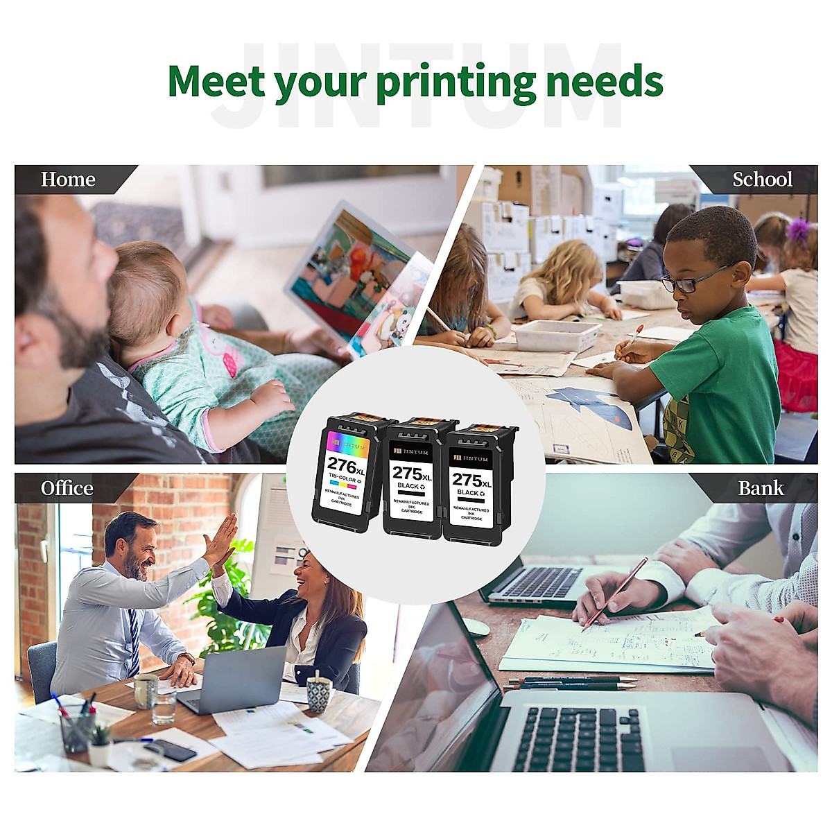 JINTUM Remanufactured PG-275XL/CL-276XL Ink Cartridge Replacement for Canon 275 and 276 Ink Cartridges for Canon PIXMA TS3522 TR4720 TS3520 Printer (3 Pack 2 Black +1 Tri-Color)