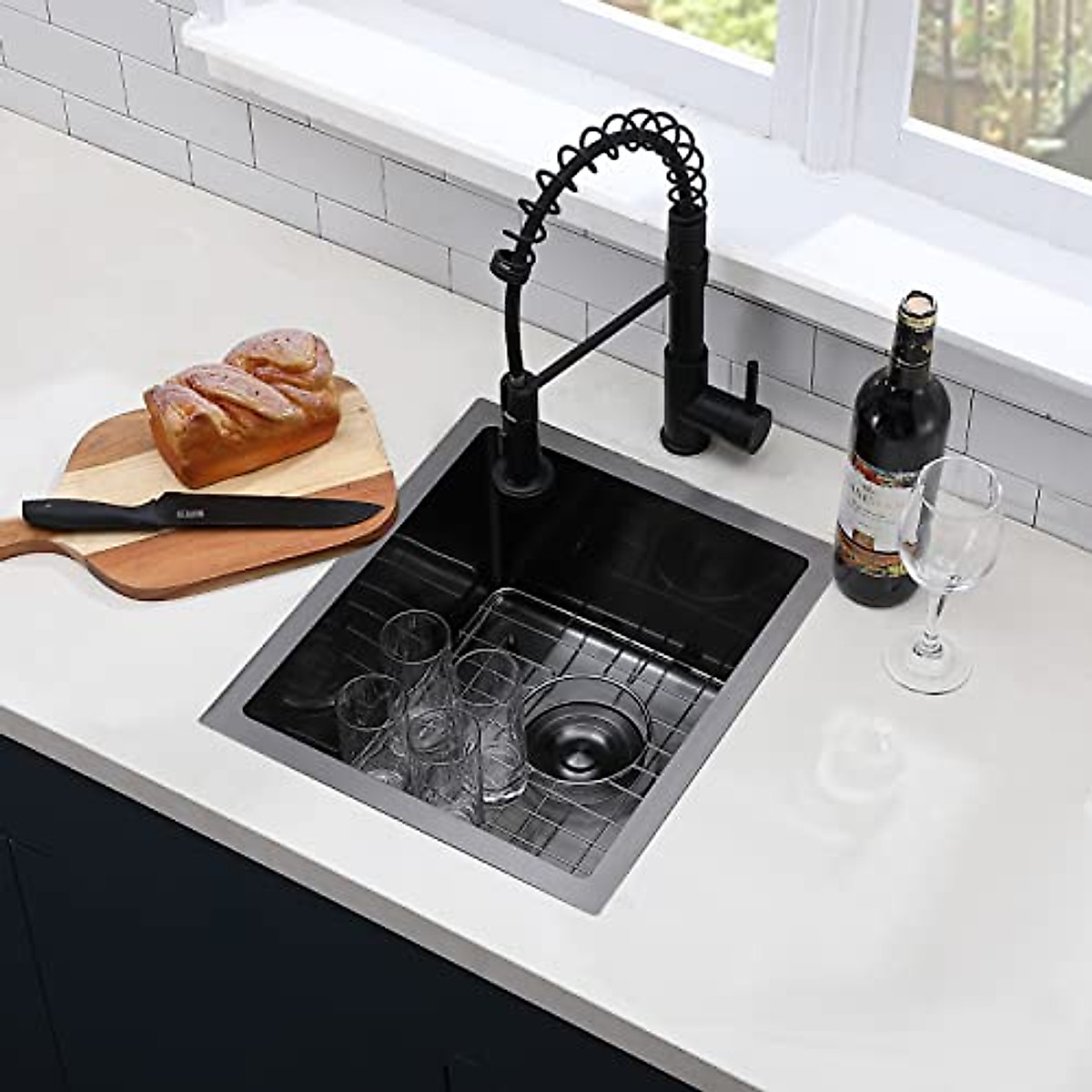 VCCUCINE Black Bar Sink, 15x17 Inch Small Bar Sink,Undermount Wet Bar Sink Small Rv Sink, T-304 Stainless Steel Kitchen Sink with Sink Protector and Drain Assembly…