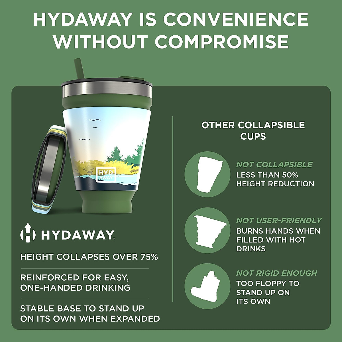HYDAWAY Collapsible Tumbler with Lid and Straw - 16 oz I Portable, Insulated Silicone Travel Mug, Hot & Cold Foldable Cup for Coffee, Tea, Camping & Backpacking, Spill Proof Lid & Steel Rim