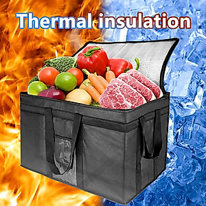 Oseeny 3XL Insulated Food Transport Bag - Reusable Cooler Bag for Cold and Hot Food Delivery with Lid and Double Zipper (Black, 3XL)