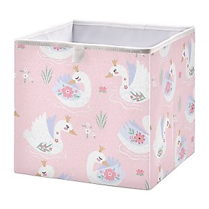 WELLDAY Storage Basket Cute Swans Pink Foldable 15.8 x 10.6 x 7 In Cube Storage Bin Home Decor Organizer Storage Baskets Box for Toys, Books, Shelves, Closet, Laundry, Nursery