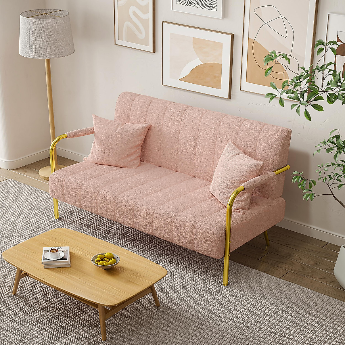 Klwenas Maec 59" Modern Cashmere Loveseat Sofa,Tufted Small Love Seat w/2 Pillows Golden Chrome Legs,2-Seater Upholstered Mini Sofa Couches for Small Space,Living Room Home Office (Pink)