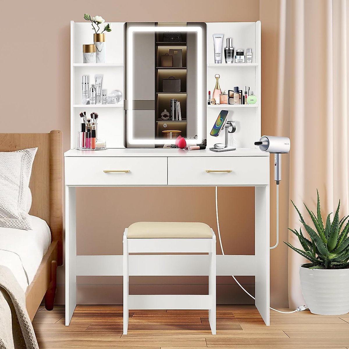 QUALIKRAFT Vanity Set with Mirror and Stool and Lights, Vanity Desk with Mirror & Power Outlet,Vanity Desk with Drawers, White Vanity with Lighted Mirror，Dressing Table Set with 2 Large Drawers