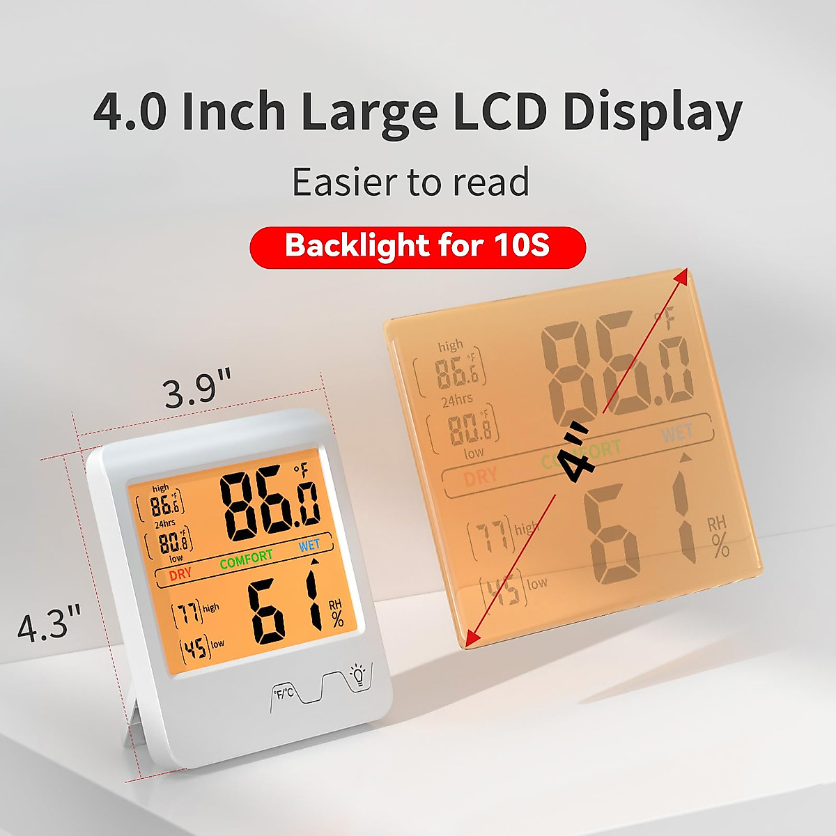 4" Backlight Hygrometer Indoor Thermometer Temperature and Humidity Room Thermometer Humidity Gauge Indicator for Home Office Greenhouse Backlight for 10s