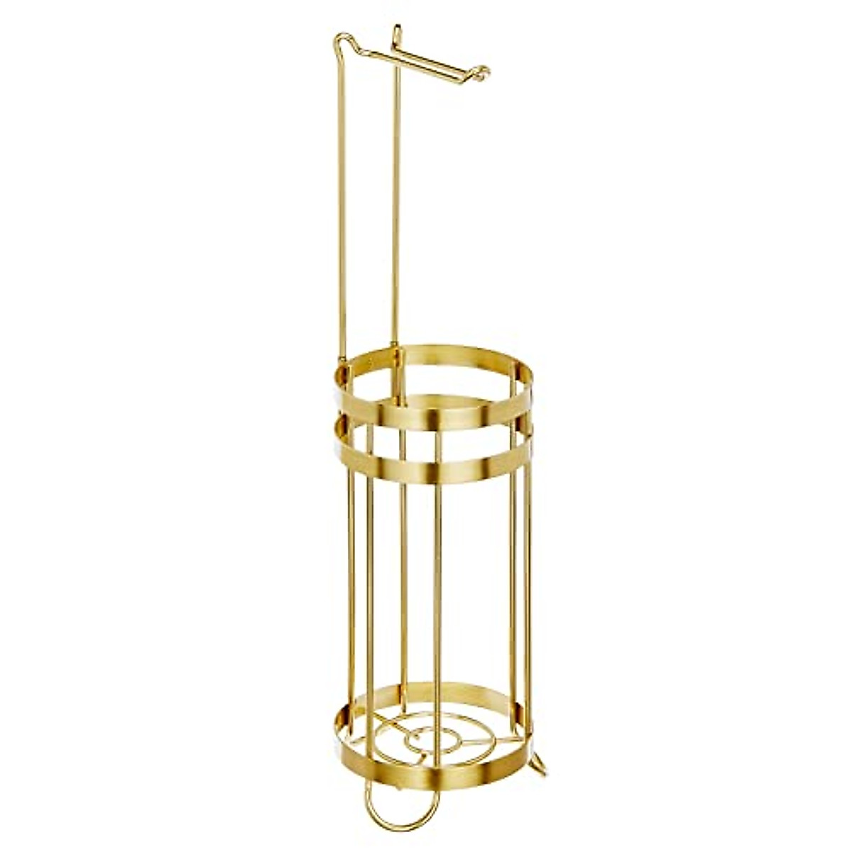 mDesign Metal Free Standing Toilet Paper Holder Stand and Dispenser, with Storage for 3 Spare Rolls - for Bathrooms/Powder Rooms - Holds Mega Rolls - Soft Brass
