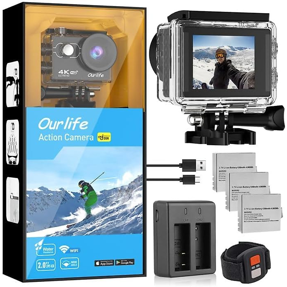 Waterproof 4K Action Camera Underwater 131FT, 4K 30FPS 16MP WiFi Ultra HD Video Camera for Vlogging Recording, Anti-shake Digital Sports Camera for Photography, Remote Control 4xZoom,170°Wide Angle