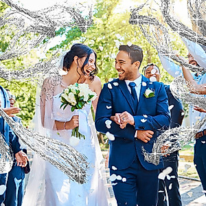 Motionchic 100 Pcs Wedding Wands Bulk 35.4 Inches Long Metallic Foil Christmas Tinsel Sticks with Bells Glitter Foil Tinsel Streamers for Bridal Wedding Send Off Ideas Celebration Supplies(Silver)