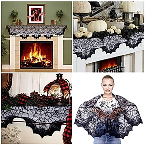 FunisFun Halloween Fall Thanksgiving Lace Fireplace Mantle Scarf Cover, Cloth Runner Door Window Curtain Kitchen Decorations Gothic Festival Party Decor (Bat, Bat, 20*80")